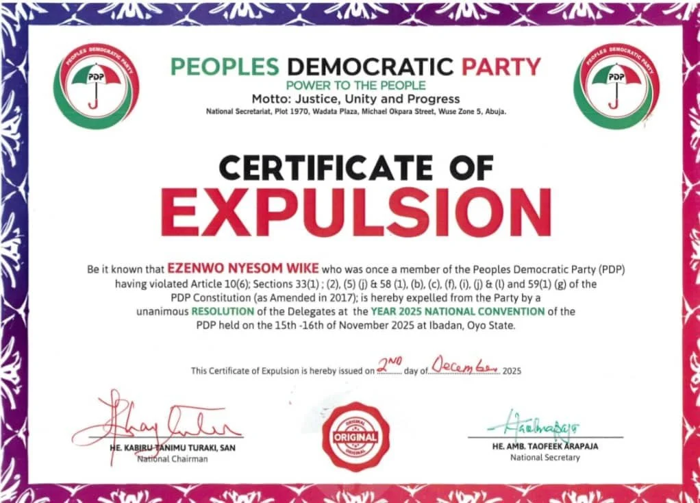 PDP Issues Expulsion Certificates To Wike, Fayose, Anyanwu, Others ...